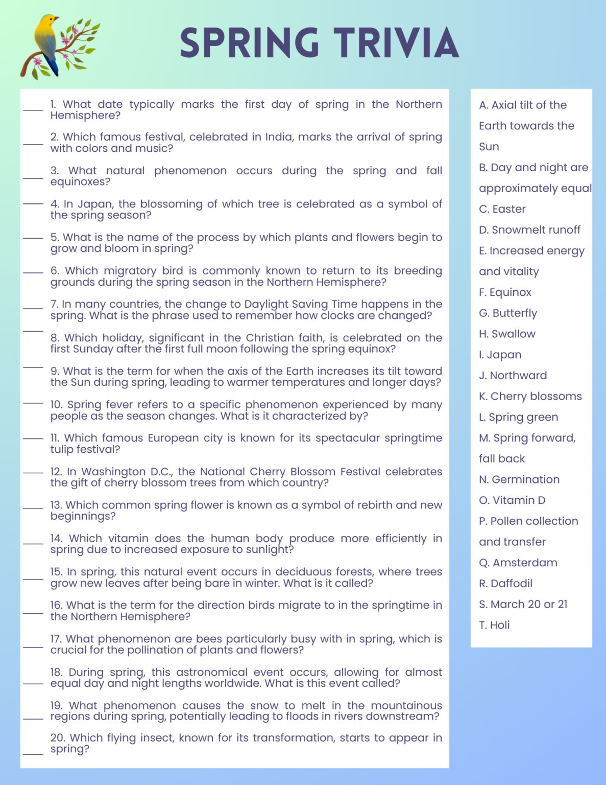 Free Printable Spring Trivia Questions and Answers to Celebrate Spring ...